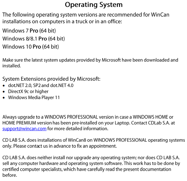VX- Hardware and OS Requirements – WinCan